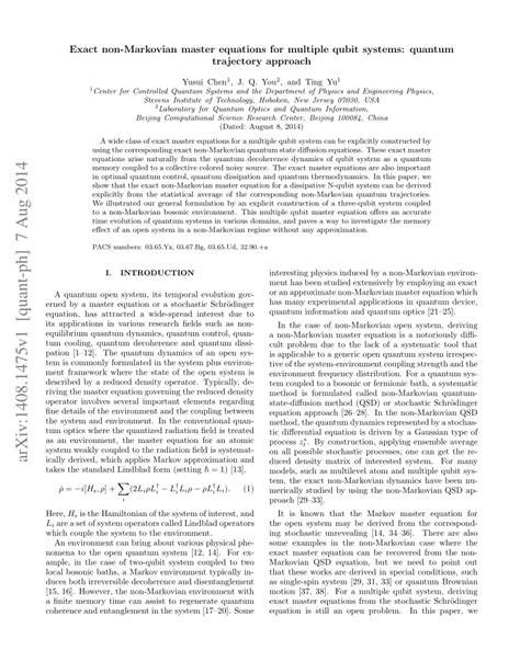 PDF Exact Non Markovian Master Equations For Multiple Qubit Systems Quantum Trajectory Approach