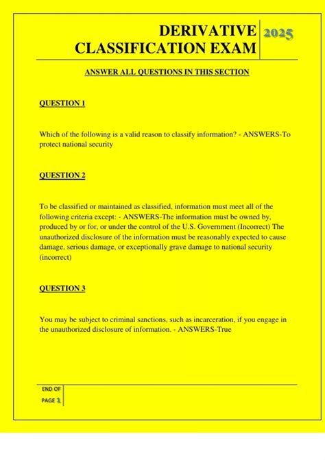 Derivative Classification Exam Questions And Answers 2025 Derivative