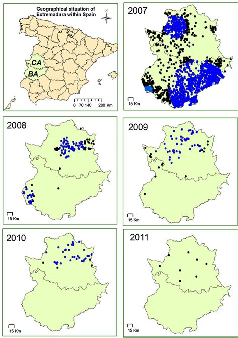 Spatial Distribution Blue And Black Points Represent All Outbreaks