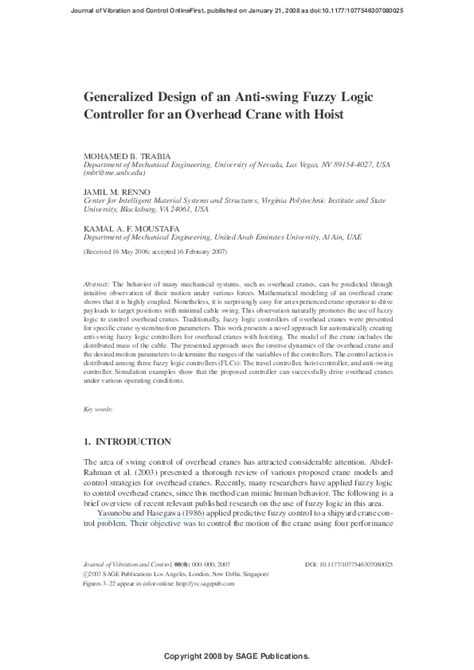 Pdf Generalized Design Of An Anti Swing Fuzzy Logic Controller For An Overhead Crane With Hoist