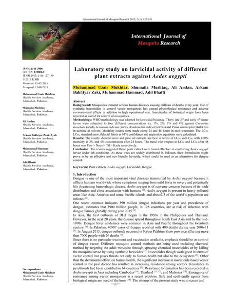 Pdf Laboratory Study On Larvicidal Activity Of Different Plant
