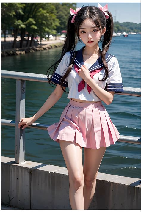 Arafed Asian Woman In A Sailor Outfit Posing By The Water Seaart Ai