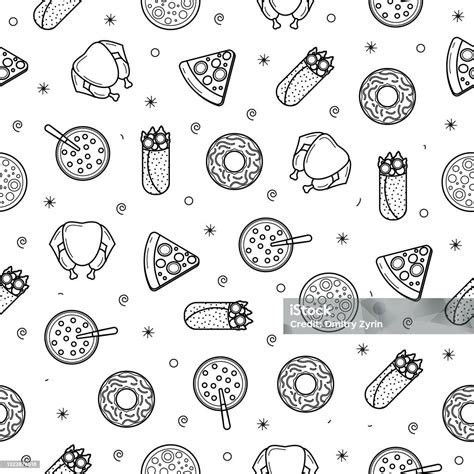 추상 낙서 원활한 패턴 손으로 그린 패스트 푸드 요소 피자 치킨 부리토 아침 시리얼 벡터 디자인 스타일 배경 일러스트 아이콘 0