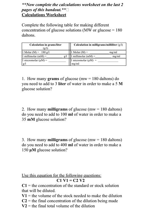 [solved] Now Complete The Calculations Worksheet On The L