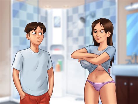 Rule 34 1boy 1girls 2d Areolae Bathroom Big Breasts Bottomwear Breasts Brown Hair Clothed