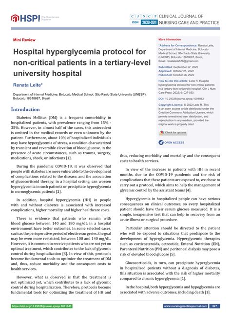 Pdf Hospital Hyperglycemia Protocol For Non Critical Patients In A Tertiary Level University