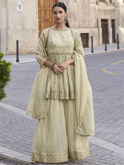 Shop Beige Color Organza Silk Function Wear Palazzo Suit From Ethnic Plus