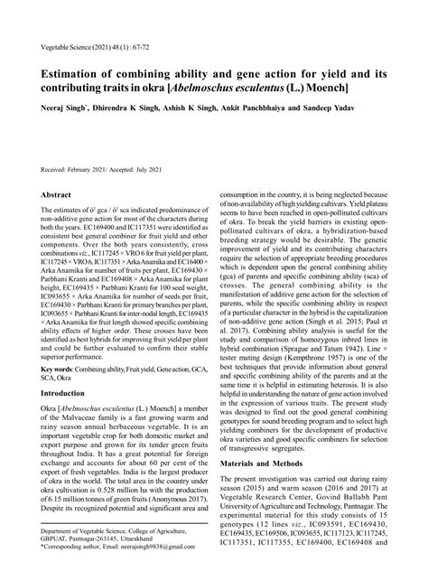 Pdf Estimation Of Combining Ability And Gene Action For Yield And Its