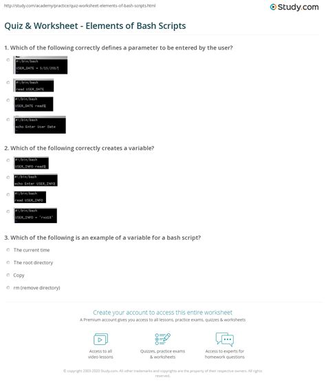 quiz and worksheet elements of bash scripts