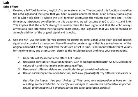 Solved Lab Echo Effects 1 Develop A Matlab Function