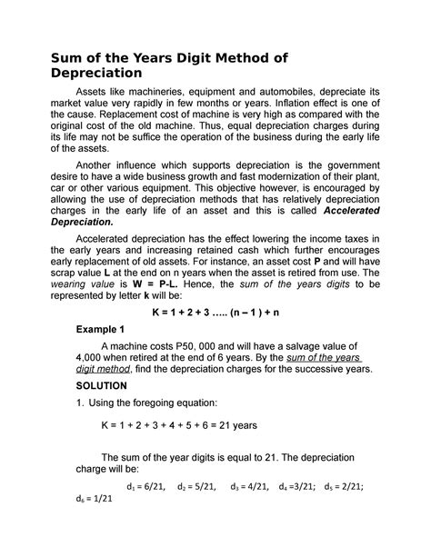 Sum Of The Years Digit Method Of Depreciation Sum Of The Years Digit