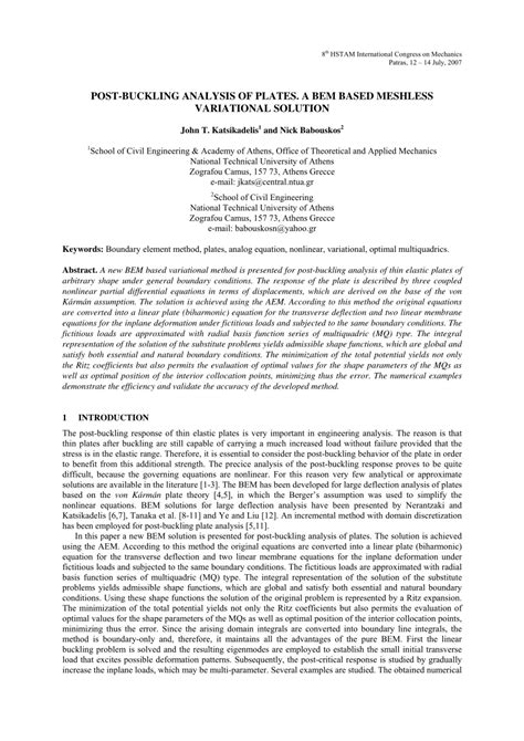Pdf Post Buckling Analysis Of Plates A Bem Based Meshless Variational Solution