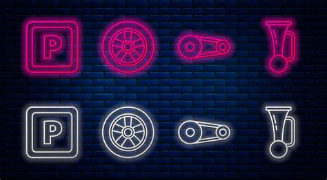 차량에 라인 자동차 휠 타이밍 벨트 키트 주차 및 신호 경적을 설정합니다 벽돌 벽에 빛나는 네온 아이콘입니다 벡터 거리에 대한