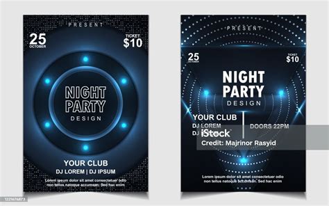 우아한 어두운 파란색 반짝이 스타일로 밤 댄스 파티 음악 레이아웃 커버 디자인 템플릿 배경 가벼운 전기 3차원 형태에 대한 스톡 벡터 아트 및 기타 이미지 Istock