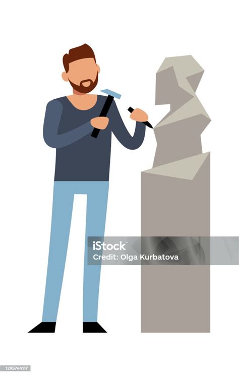 직장에서 조각가 현대 만화 남성 캐릭터는 대리석 돌 동상과 도구 창조적 인 직업과 취미 벡터 평면 만화 일러스트와 재능