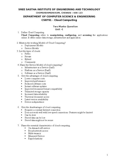 Cloud Computing Question Bank Two Marks Sree Sastha Institute Of Engineering And Technology