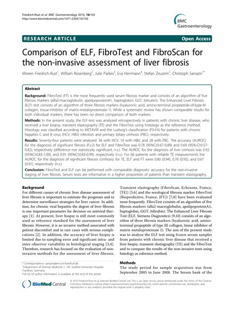 Pdf Comparison Of Elf Fibrotest And Fibroscan For The Non Invasive Assessment Of Liver Fibrosis
