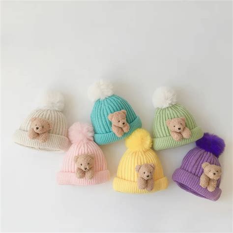 아기 모자 가을과 겨울 한국 Ins 귀여운 곰 니트 멜론 모자 Pom Pom Balll 캔디 컬러 아기 모직 유아 캐주얼 모자