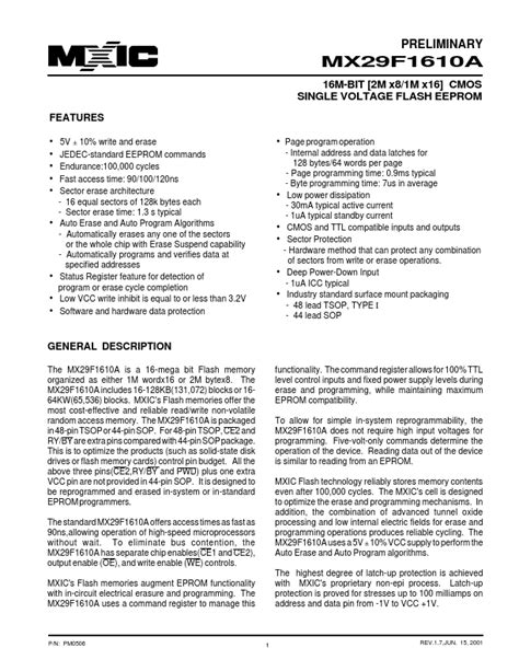 MX29F1610A Datasheet Eeprom Equivalent Macronix International