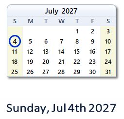 July 4 2027 Calendar With Holidays And Count Down Usa