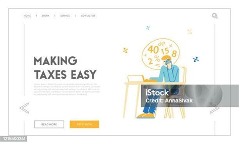 부담 세금 방문 페이지 템플릿입니다 머리 계산 소득 이익 또는 대출에 숫자와 계산기와 책상에 앉아 남성 문자 재정 문제 예산