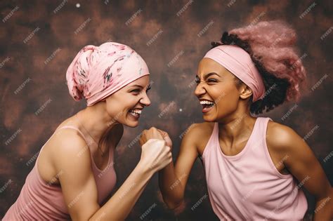 Premium Photo Cheerful Multicultural Women Wearing Pink Headbands Fighting Against Cancer