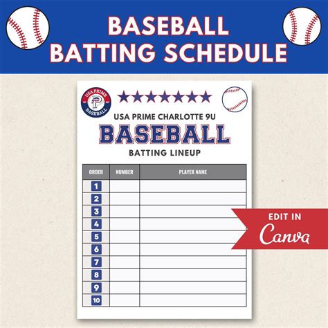 Baseball Batting Lineup Printable Team Roster Instant Download For