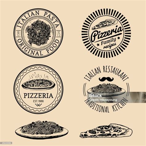 벡터 Hipster 이탈리아 음식 이미지입니다 현대 파스타와 피자 간판 등 손으로 그린 지중해 요리 삽화입니다 인장에 대한 스톡 벡터 아트 및 기타 이미지 Istock