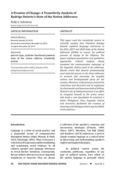 A Transitivity Analysis Of Rodrigo Dutertes State Of The Nation Lecture Notes Linguistics