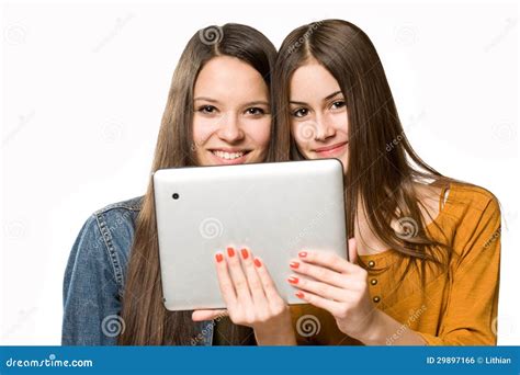 Teen Girls Sharing A Tablet Computer Stock Photo Image Of People Camera
