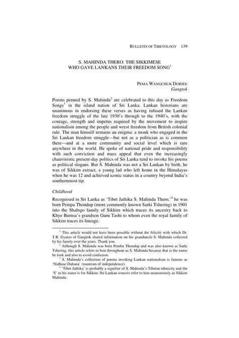 S Mahinda Thero The Sikkimese Who Gave Lankans Their Freedom Song 1 Docslib