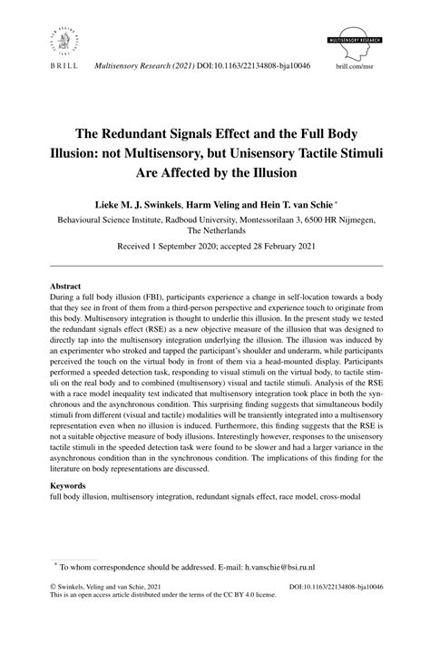Pdf The Redundant Signals Effect And The Full Body Illusion Not Multisensory But Unisensory