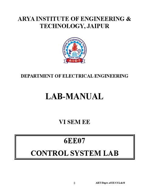 Lab Manual On Control System Experiments For The Department Of