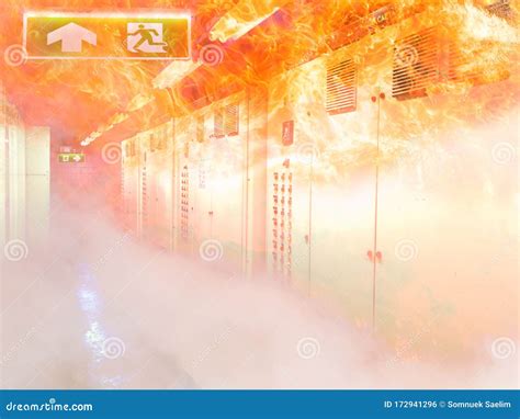 Double Exposure Green Emergency Exit Sign In Electric Control Showing The Way To Escape With