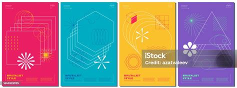 트렌디한 추상 잔혹 포스터는 다양한 기하학적 모양으로 설정되어 있습니다 현대적인 브루탈리스트 스타일의 복고풍 미래 지향적인