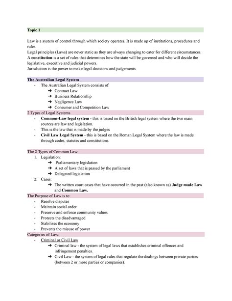 Topic 1 Law Lecture Notes Topic 1 — Law Is A System Of Control Through Which Society