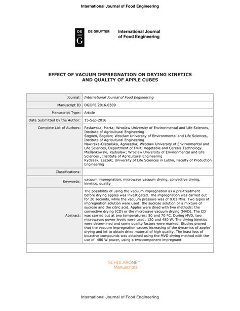 Pdf Effect Of Vacuum Impregnation On Drying Kinetics And Selected Quality Factors Of Apple Cubes