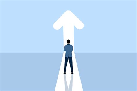 사업 또는 경력 성장 벡터 개념 위쪽 화살표 성공의 상징 승진 경력 개발 흰색 배경에 평면 만화 캐릭터 벡터 일러스트레이션 디자인을 향해 걷는 사업가 화살표에 대한 스톡