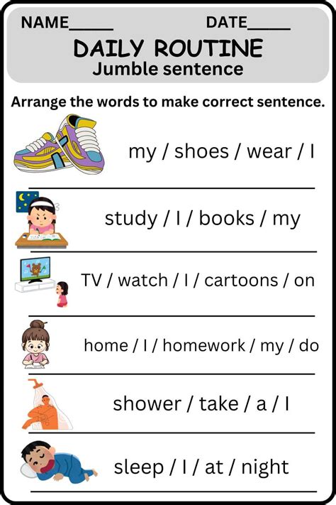 Daily Routine Jumble Sentence Worksheet With Answer