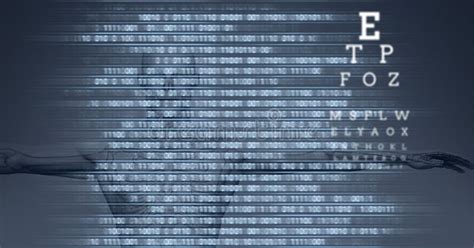 composition of binary coding and eye test screen over human body stock illustration