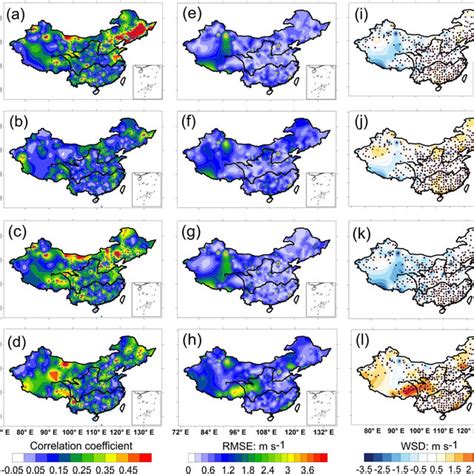 A D Spatial Patterns Of Correlation Coefficients E H Rmse And Download Scientific