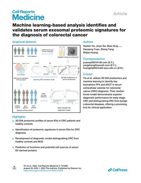 Pdf Machine Learning Based Analysis Identifies And Validates Serum Exosomal Proteomic