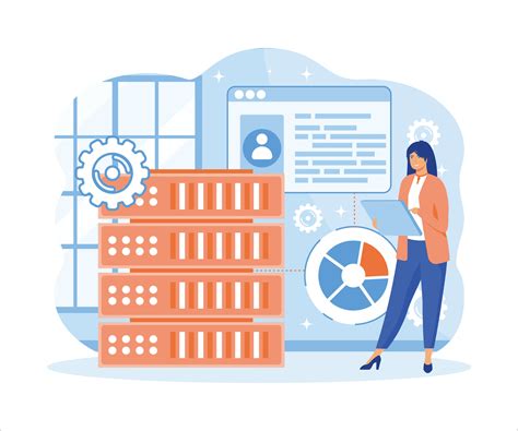 Big Data Tools Concept Woman Standing Near Server Rack Analyzing Big Data Tools Flat Vector