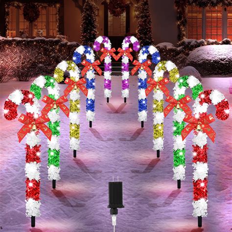 Meonum 10 Pack Outdoor Candy Cane Lights With Bows Led Candy Cane