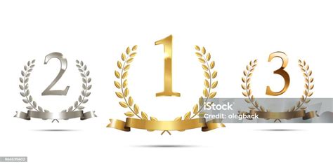 골든 실버 및 브론즈 월계관 화 환 리본 및 첫 번째 두 번째 그리고 세 번째 장소 표지판 흰색 배경에 고립 수 상자 연단 스포츠 기호입니다 벡터 일러스트입니다 경쟁에 대한