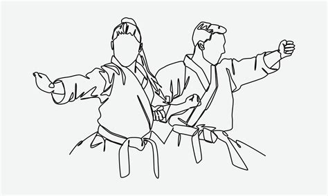 Continuo Uno Soltero Línea Dibujo De Hembra Y Masculino Karateca