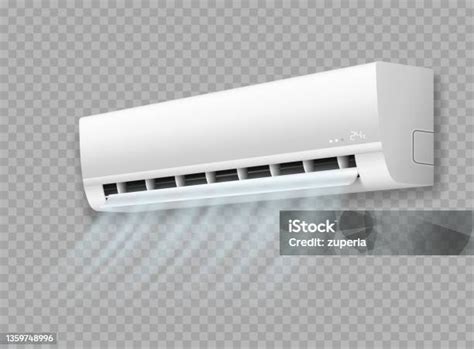 차가운 또는 뜨거운 바람 흐름으로 에어컨 모형 현실적인 에어컨 분할 시스템 실내 에어컨에 대한 스톡 벡터 아트 및 기타 이미지