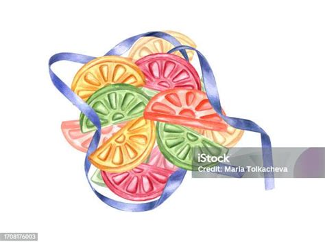 과일 조각의 형태로 여러 가지 빛깔의 캐러멜 반짝이는 파란색 리본으로 장식된 봉봉 사탕 막대 사탕 설탕 흰색으로 분리된 수채화 그림 사탕 가게 상점 엽서에 가루 설탕에 대한