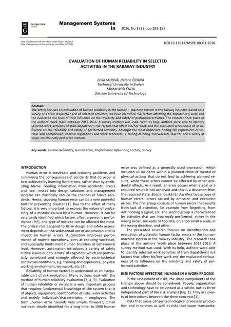 Pdf Evaluation Of Human Reliability In Selected Activities In The Railway Industry