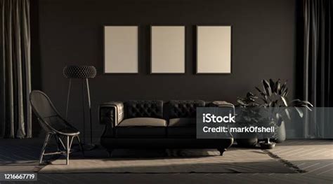 카펫에 소파 의자 식물과 플로어 램프와 일반 흑백 회색 톤의 어두운 방 검은 색 배경입니다 3d 렌더링 0명에 대한 스톡 사진 및 기타 이미지 Istock
